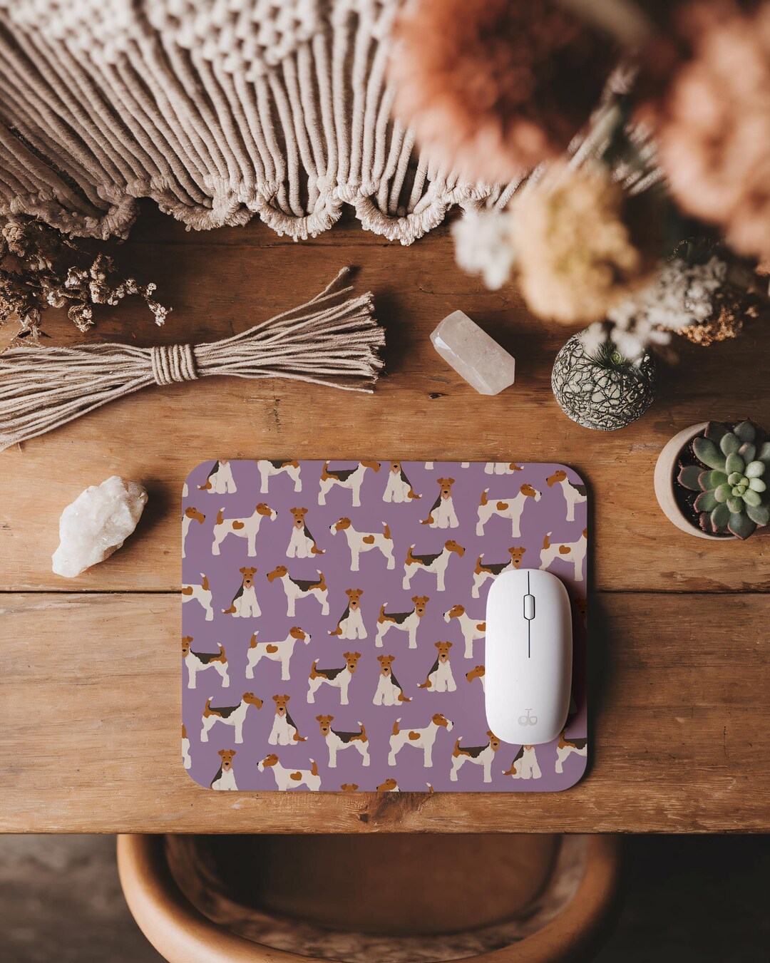 Wire Fox Terrier Pattern in Lilac Mouse Pad, Dog Lover Gift, Cute Round ...