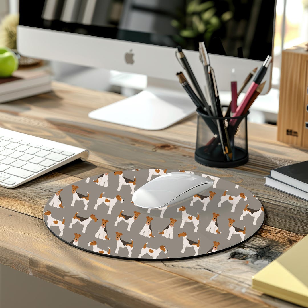Wire Fox Terrier Pattern in Grey Mouse Pad, Dog Lover Gift, Cute Round ...