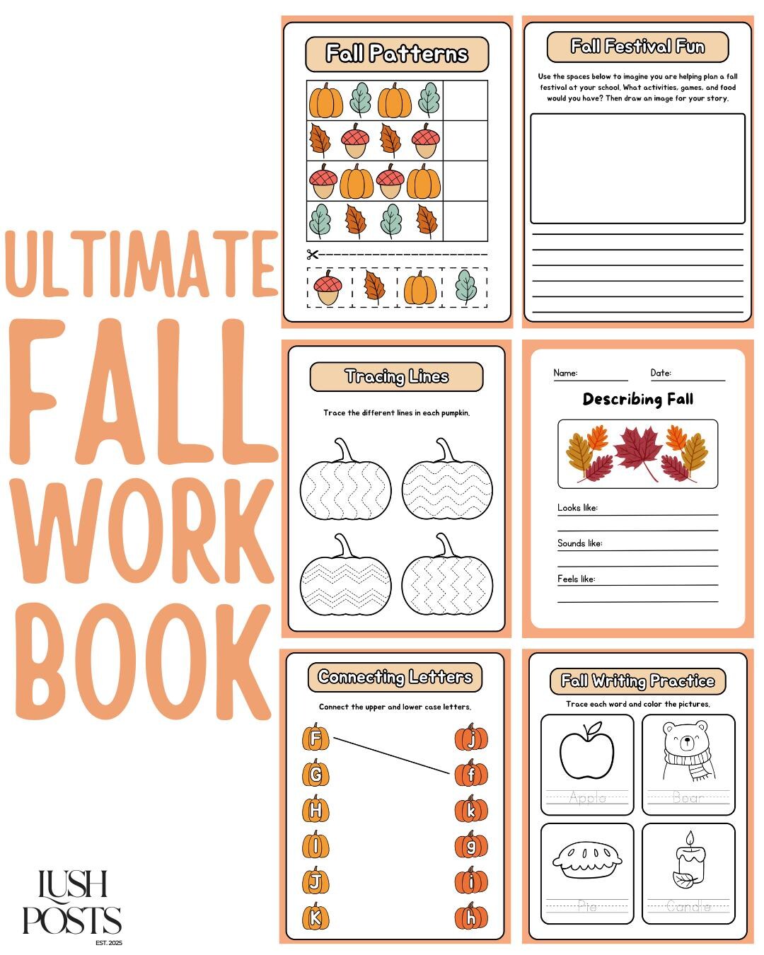 20 Fall Preschool Workbook Autumn Learning Activities Tracing Writing ...