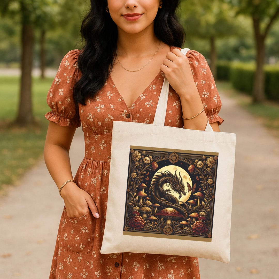 Mystical Dragon Tote Bag: Dark Fantasy Botanical Art With Golden ...