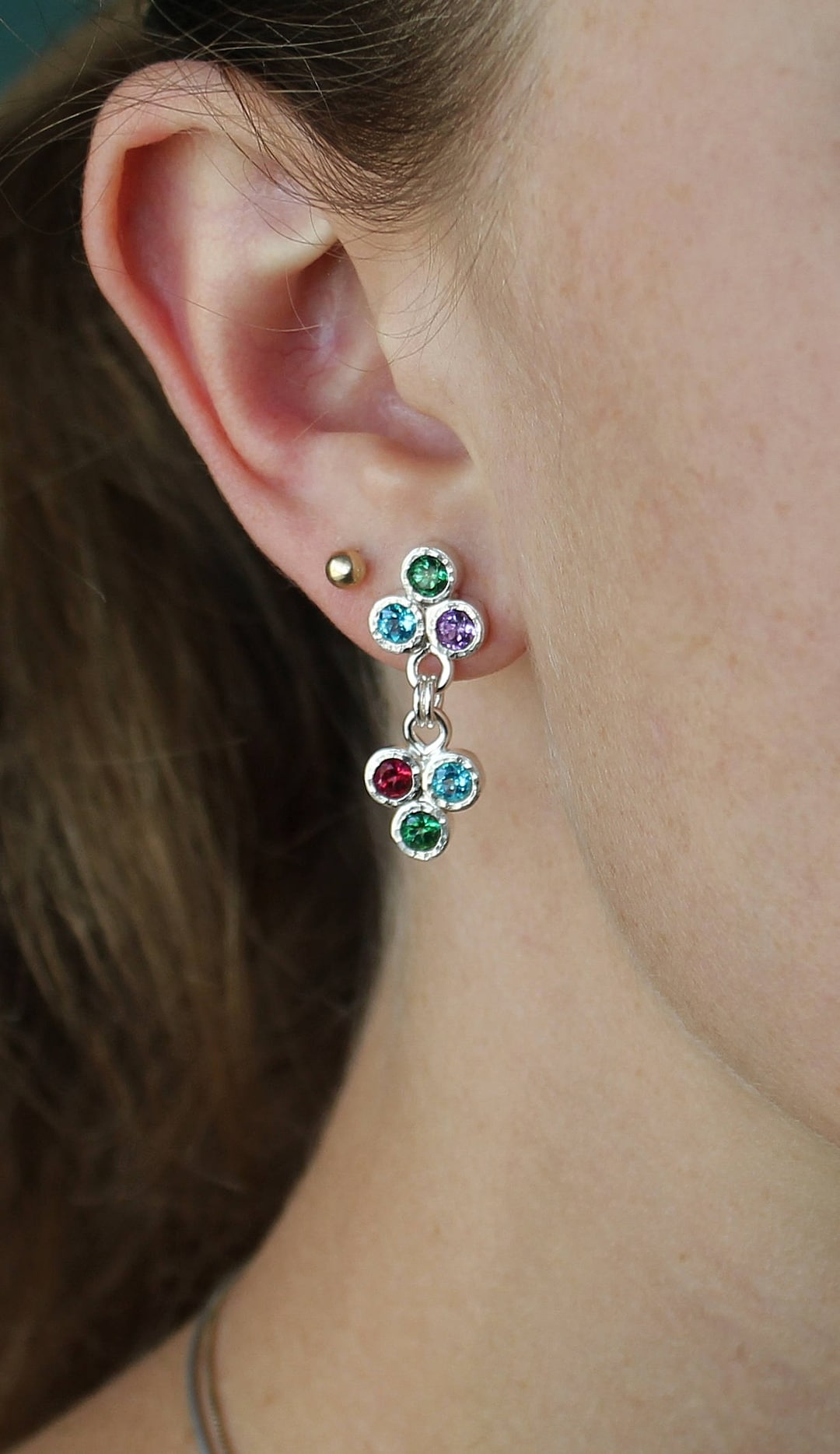 Multi Stone Trio Dangle Earrings, Sterling Silver Three Stone Studs ...