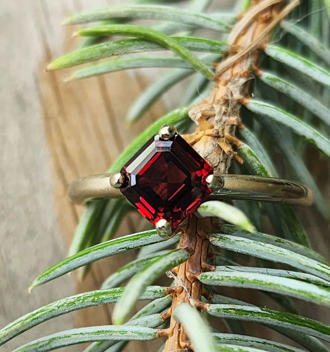 14k White Gold Asscher Cut Garnet Ring, Alternative Engagement Ring ...