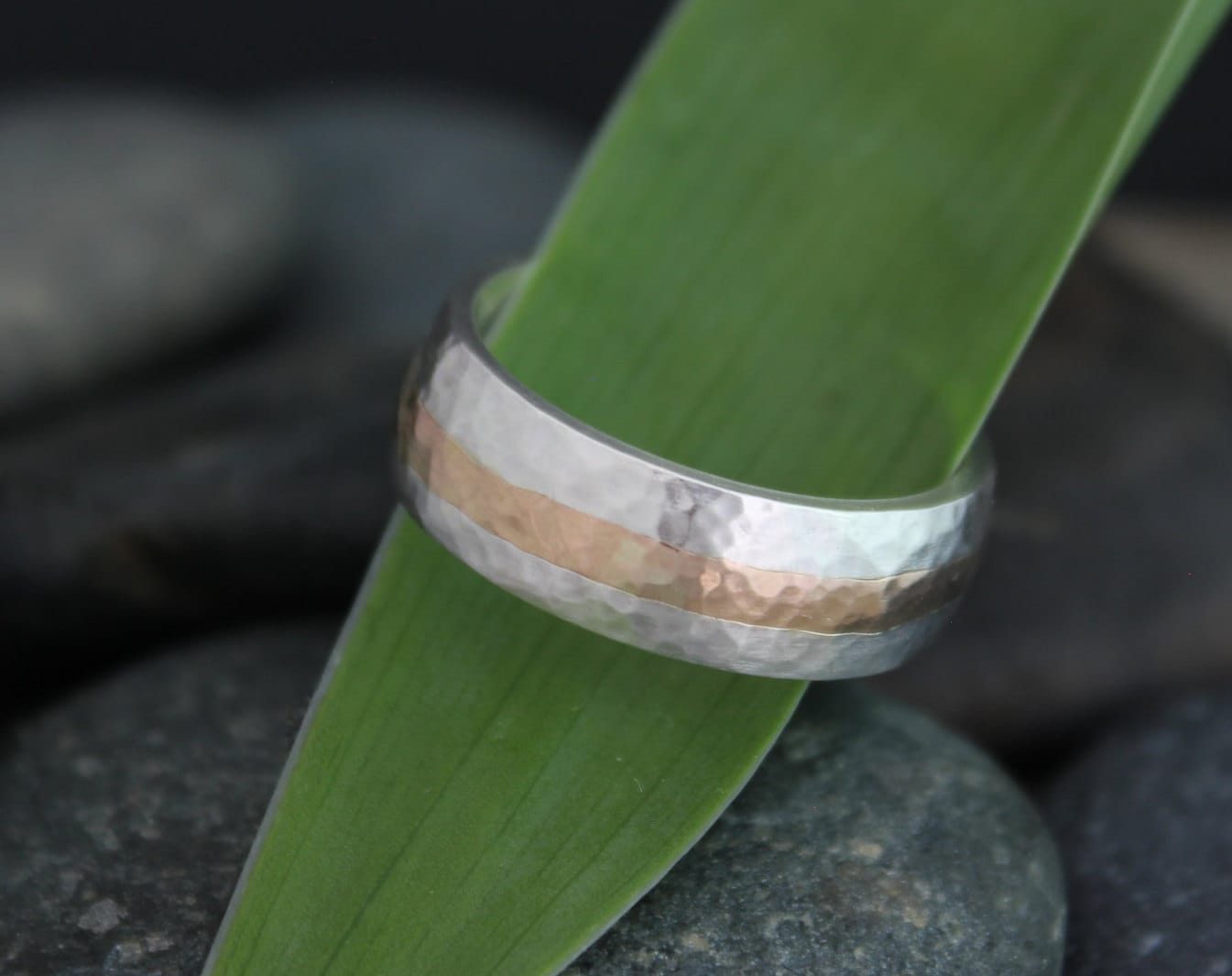 7mm Hammered Yellow Gold and Silver Ring, Gold Inlay Men's Ring ...