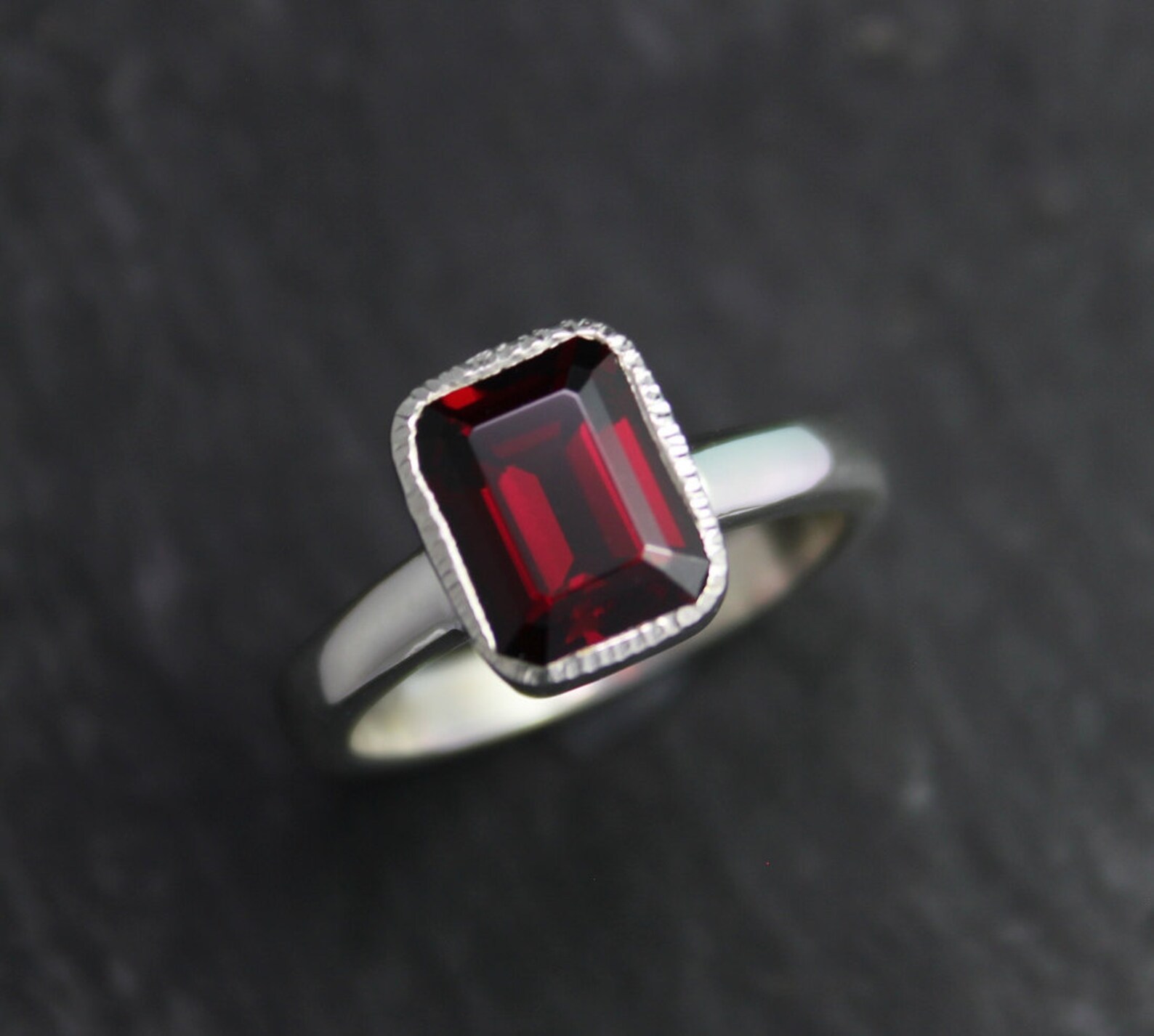 Garnet Ring, 9x7 Textured Bezel Set Garnet Ring, January Birthstone ...