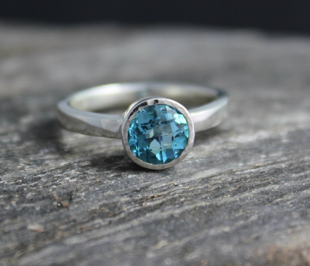 Swiss Blue Topaz Ring in Sterling Silver, Bezel Set Ring, 7mm Round ...