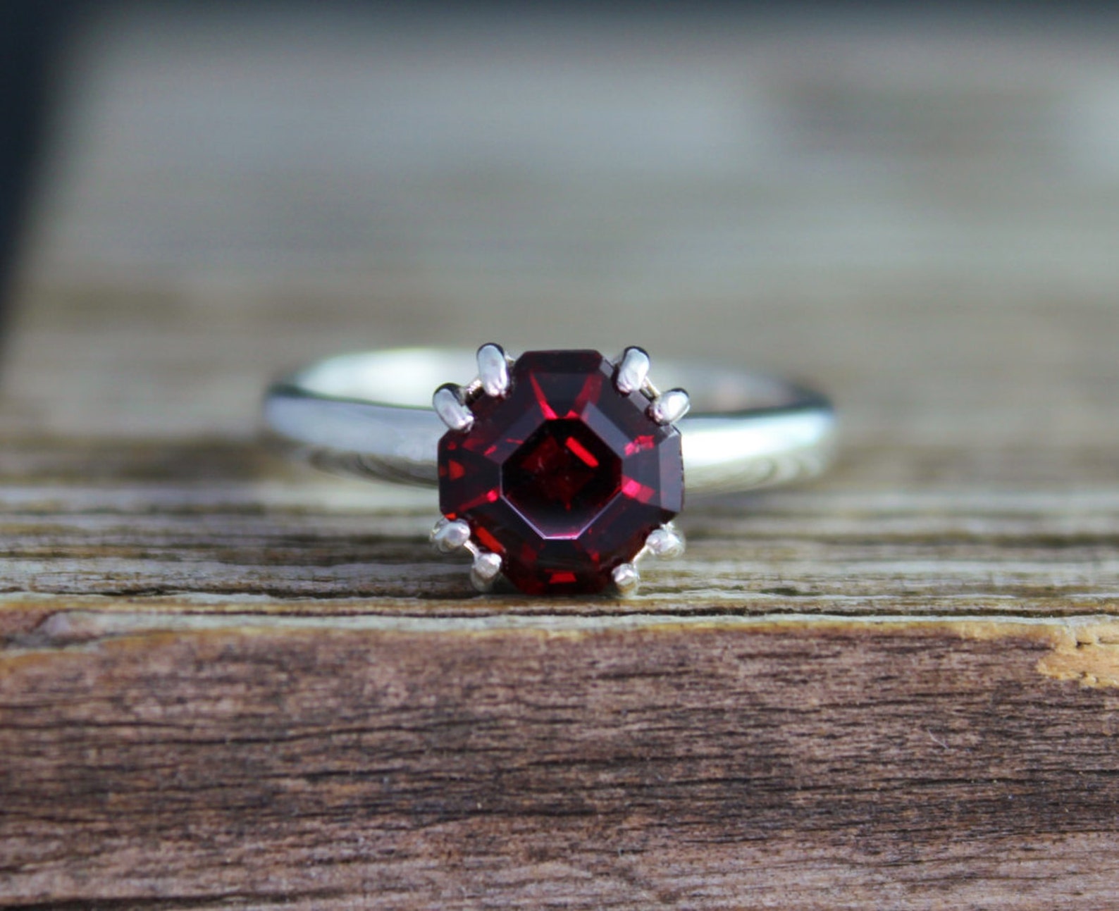 Asscher Cut Garnet Ring, Sterling Silver Garnet Ring, Garnet Solitaire ...