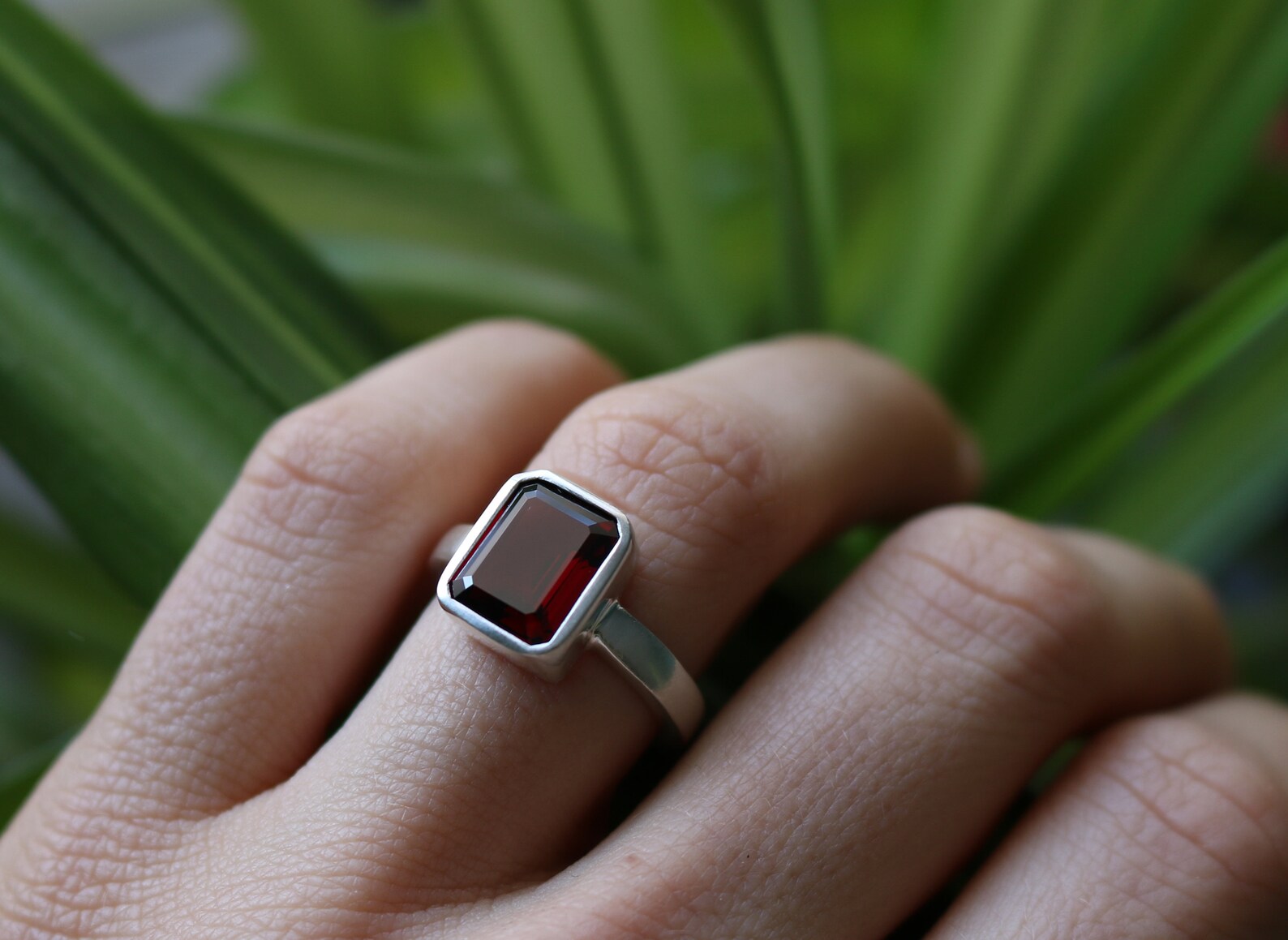 Garnet Ring, 9x7 Textured Bezel Set Garnet Ring, January Birthstone ...