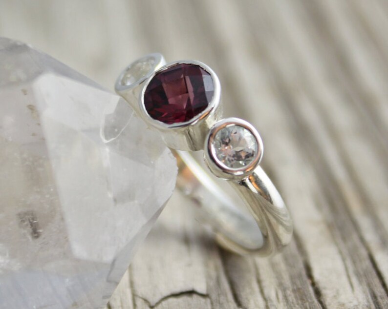 Bezel Set Three Stone Ring // Garnet White Topaz // Sterling - Etsy