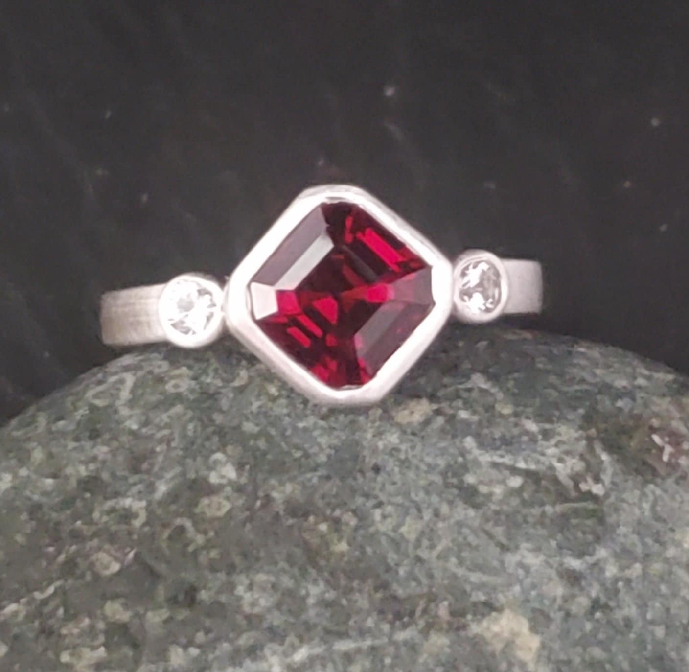 Asscher Cut Deep Red Garnet Bezel Set in Sterling Silver, White ...