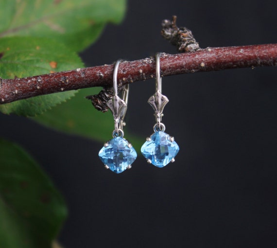 Swiss Blue Topaz Dangle Earrings White Gold Earrings Cushion Cut Blue Topaz Leverback Earrings Gemstone Earrings Ready to Ship Etsy