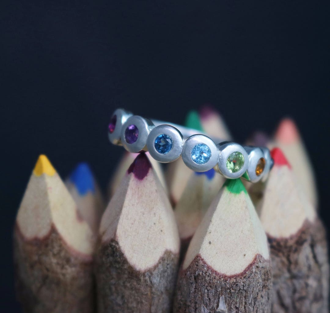 Rainbow Seven Stone Ring, Bezel Set Seven Stone Stacking Band ...