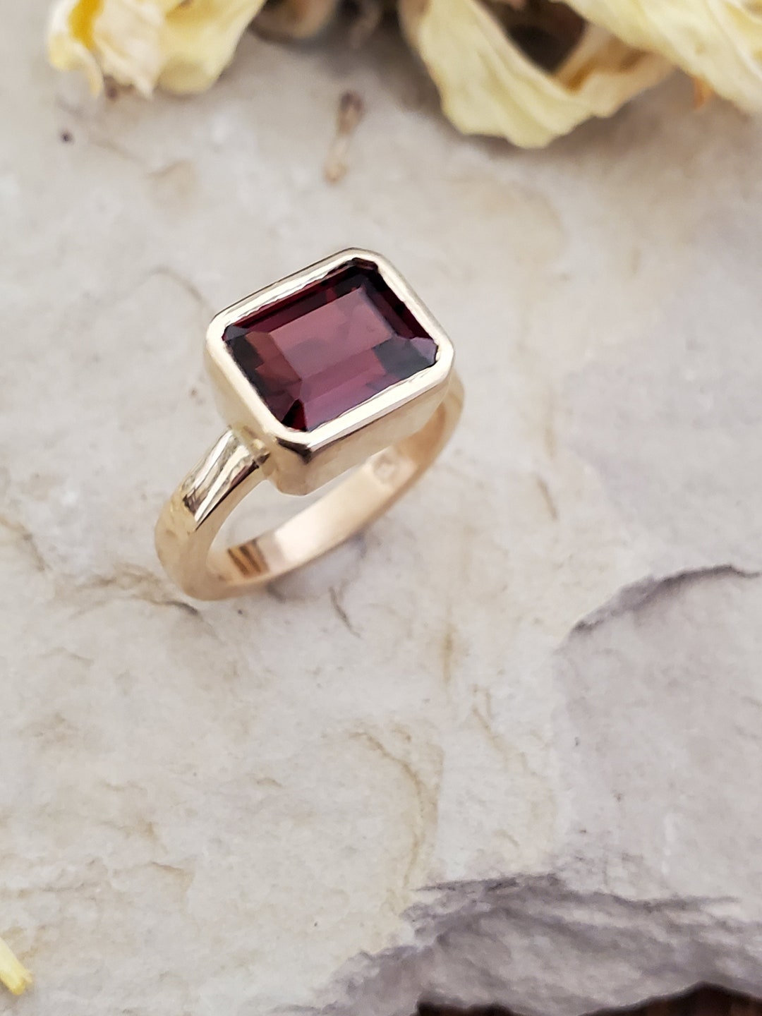 Garnet Bezel Set Ring 9mm X 7mm Emerald Cut Garnet in 14k Yellow Gold ...