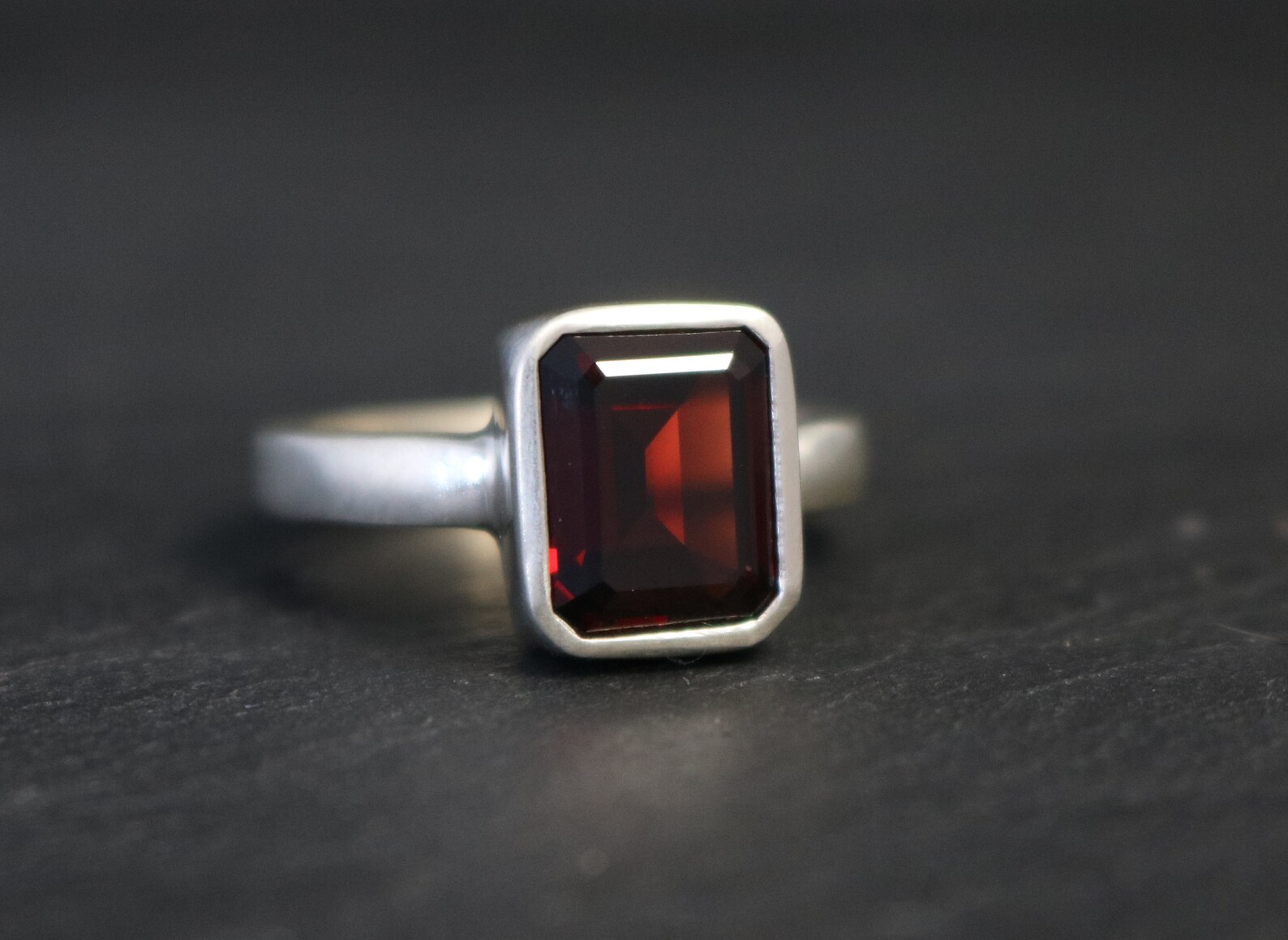 Garnet Ring, 9x7 Textured Bezel Set Garnet Ring, January Birthstone ...