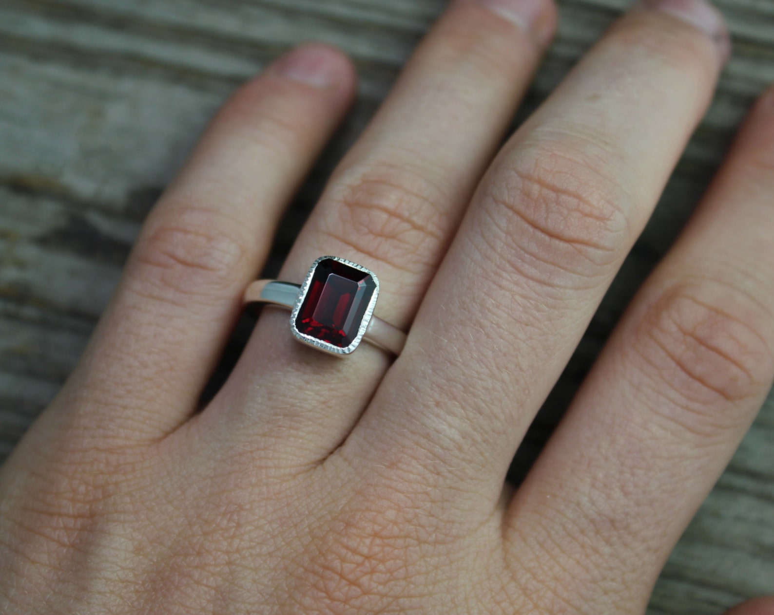 Garnet Ring, 9x7 Textured Bezel Set Garnet Ring, January Birthstone ...