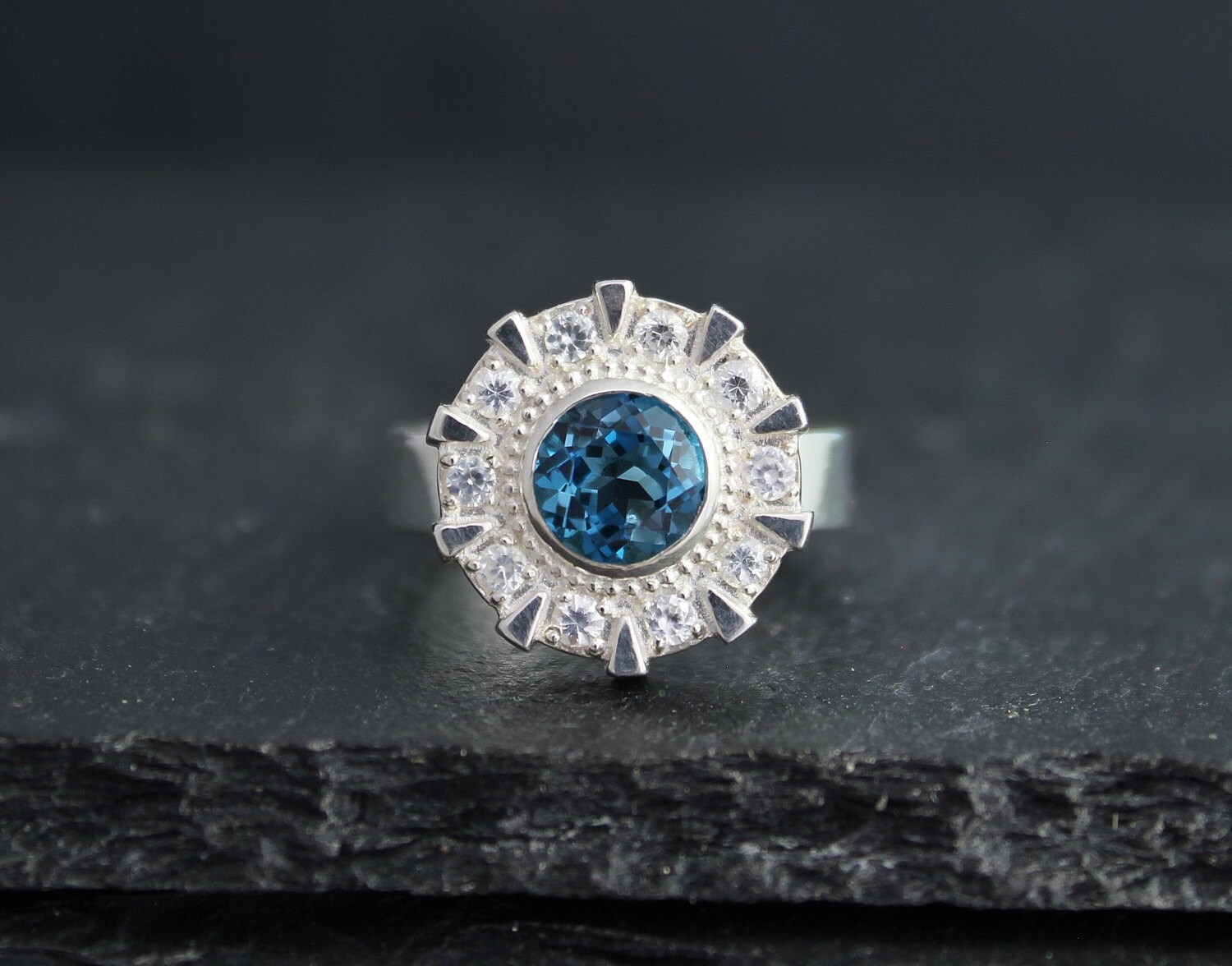 Arc Reactor Inspired Ring, London Blue Topaz With White Sapphire Halo ...