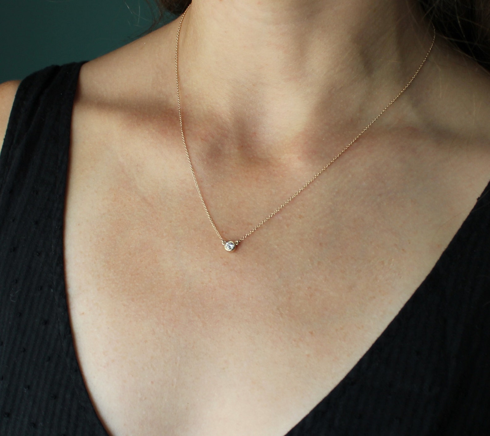 14k Yellow Gold Diamond Pendant Necklace, .25 Round Diamond, Bezel Set ...