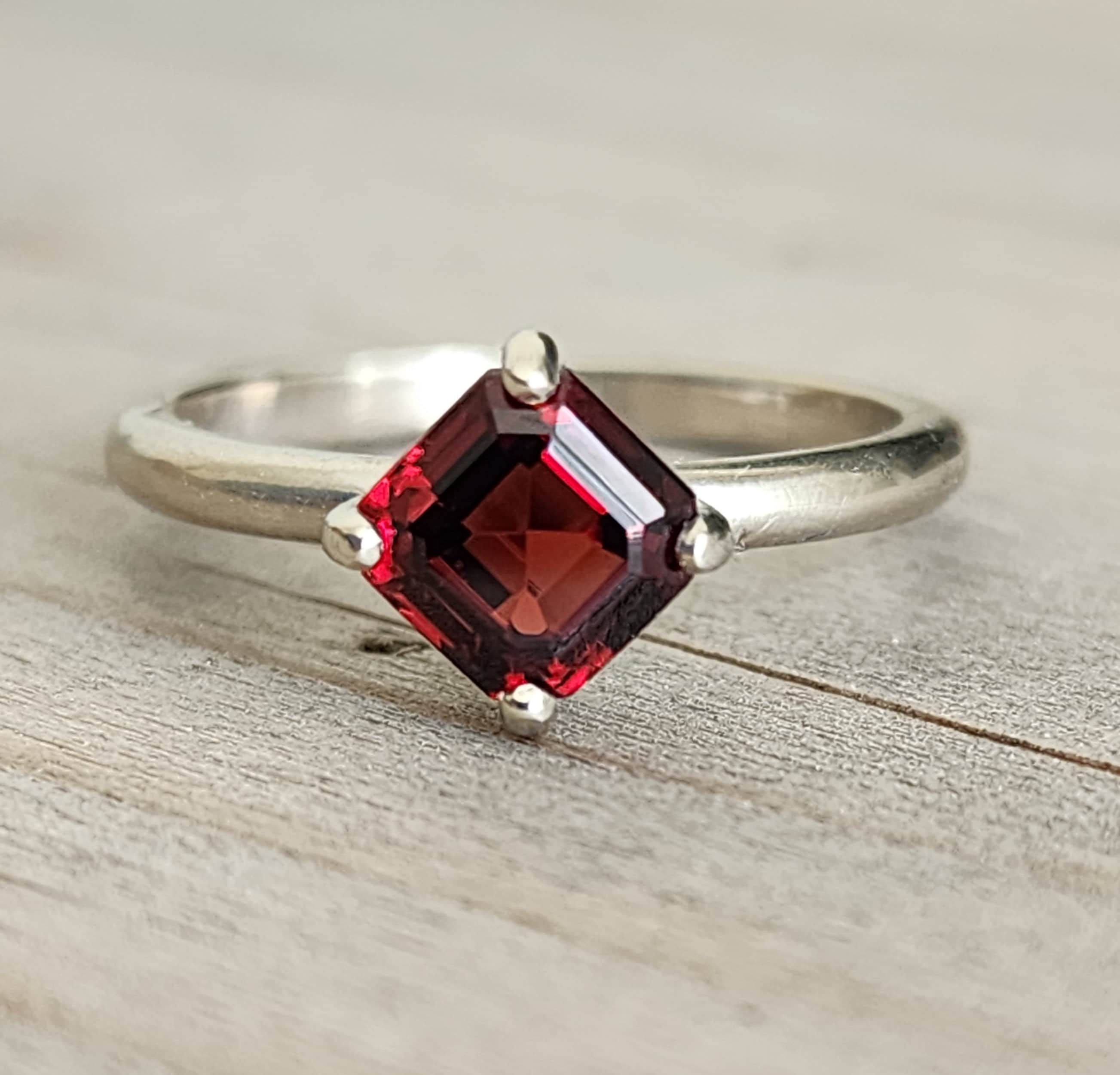 14k White Gold Asscher Cut Garnet Ring, Alternative Engagement Ring ...