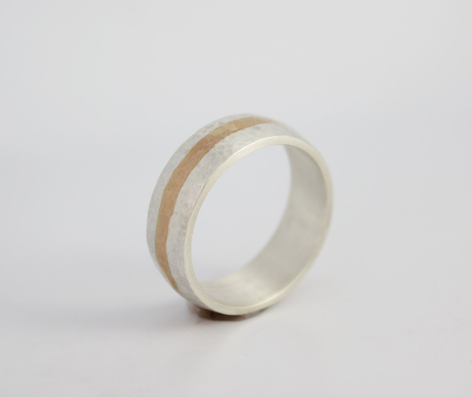 7mm Hammered Yellow Gold and Silver Ring, Gold Inlay Men's Ring ...