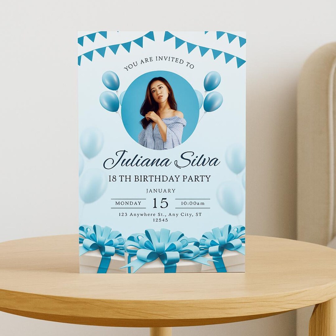 Blue Birthday Invitation | Balloon Theme | Instant Digital Download 5x7 ...