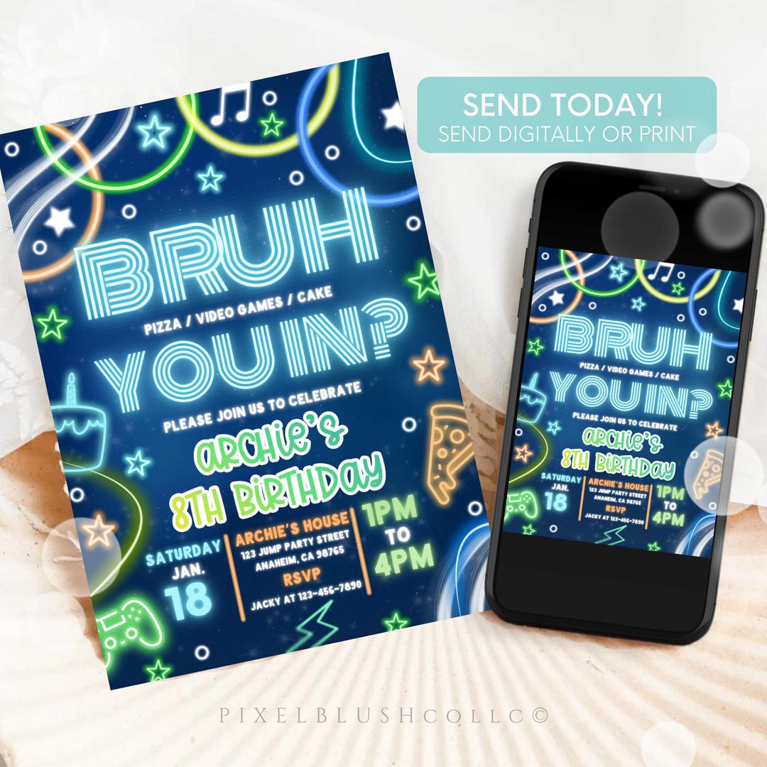 Digital Neon Bruh Birthday Invitation| Editable Neon Glow Gamer Boy ...