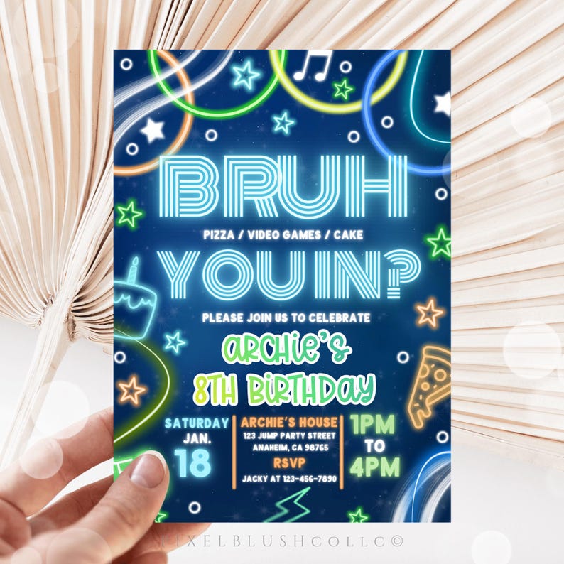 Digital Neon Bruh Birthday Invitation| Editable Neon Glow Gamer Boy ...