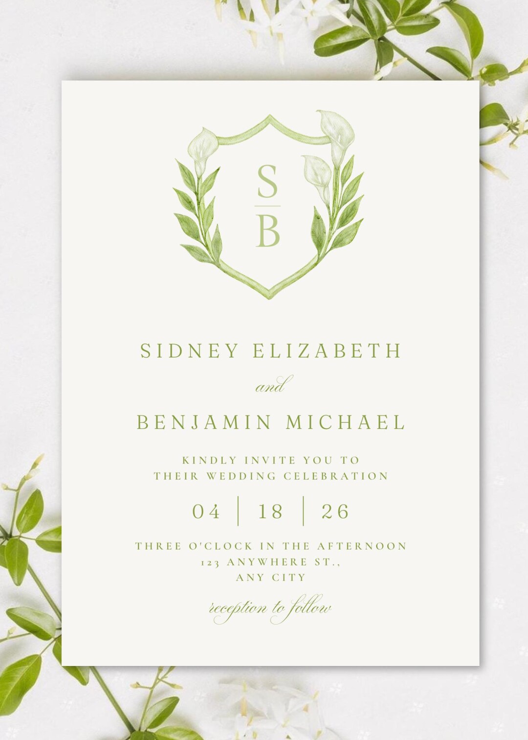 Green Watercolor Wedding Crest Template: Editable Calla Lily Monogram ...