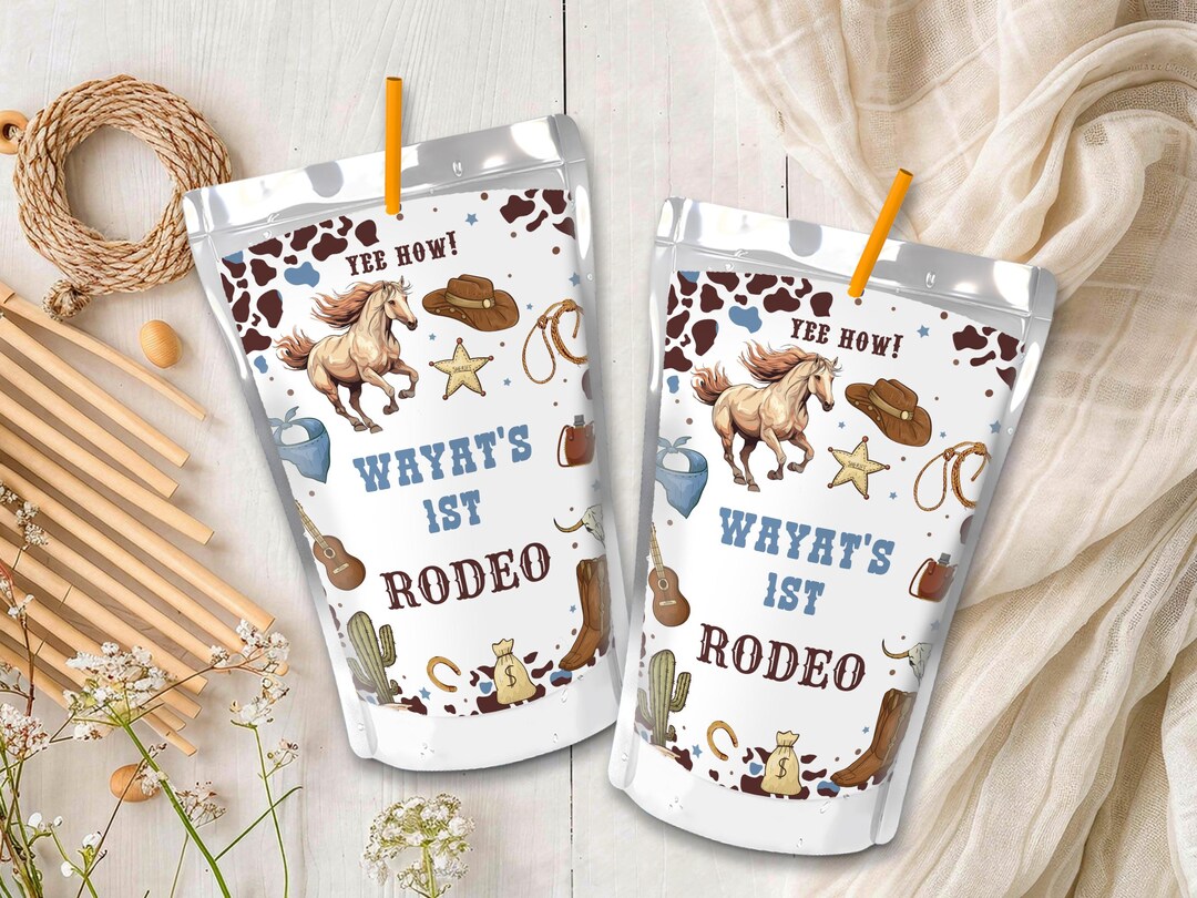 Editable Blue Rodeo Juice Pouch Label, Cowboy First Birthday Drink ...
