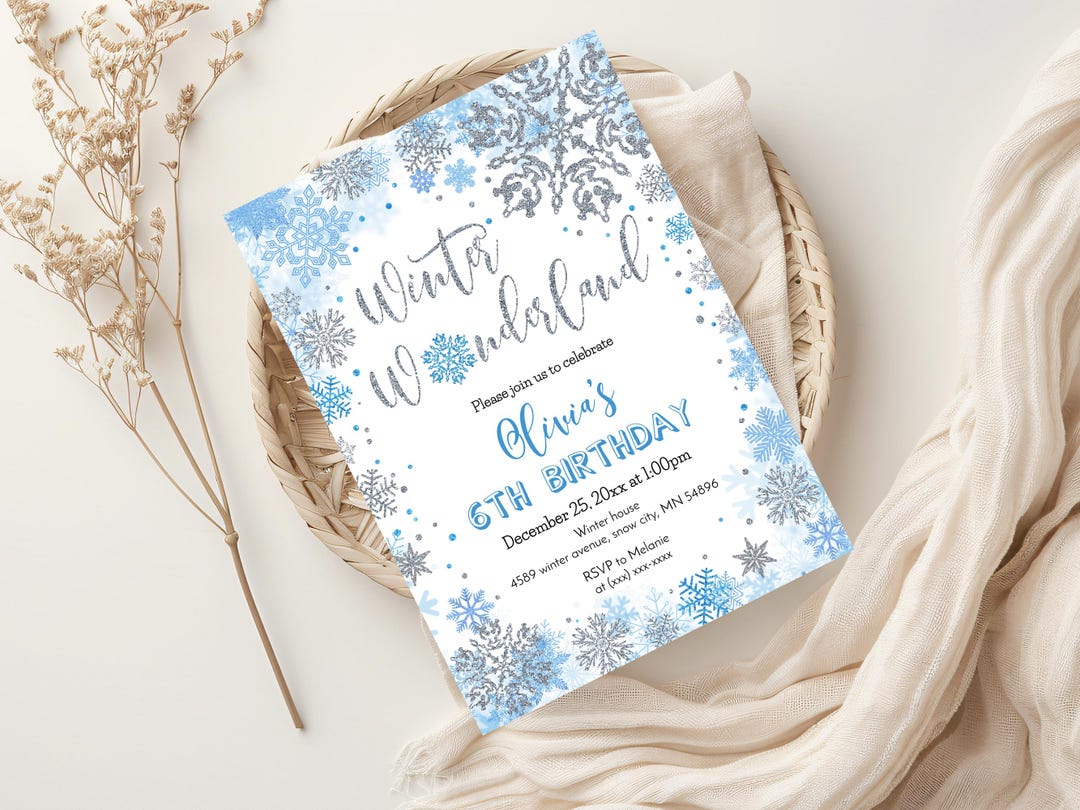Editable Blue Snowflakes Birthday Invitation, Winter Wonderland Theme ...