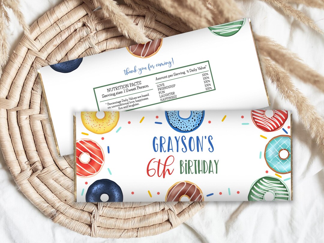 Editable Colorful Donut Birthday Candy Bar Wrapper, Printable Chocolate ...