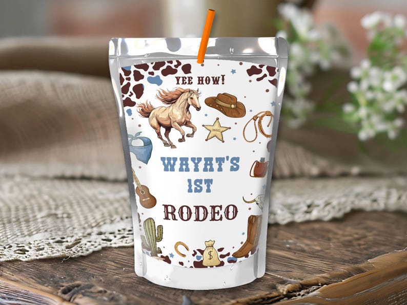 Editable Blue Rodeo Juice Pouch Label, Cowboy First Birthday Drink ...