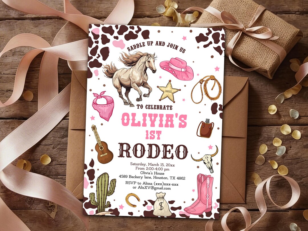 Editable Pink My First Rodeo Invitation, Cowgirl 1st Birthday Girl ...