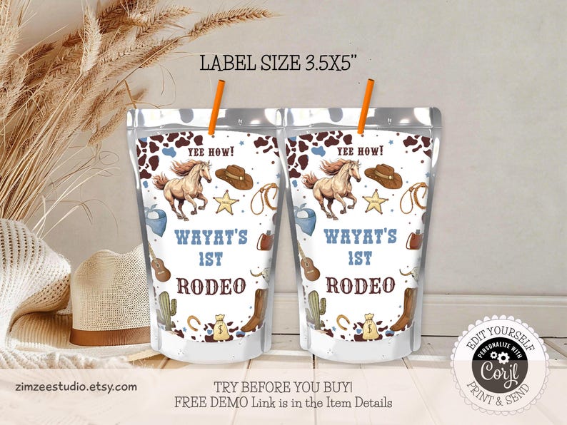 Editable Blue Rodeo Juice Pouch Label, Cowboy First Birthday Drink ...