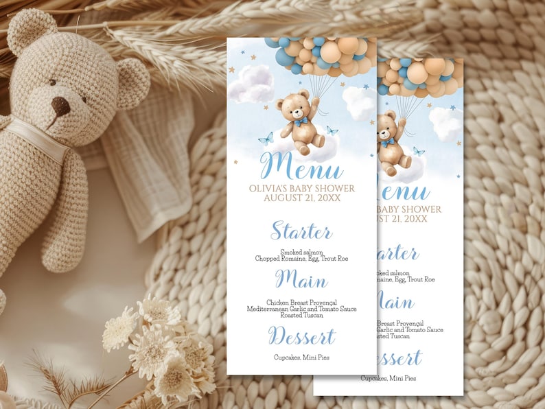 Teddy Bear Baby Shower Menu Template, Neutral Balloon Bear Decorative ...