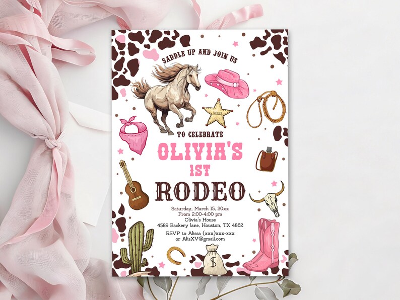 Editable Pink My First Rodeo Invitation, Cowgirl 1st Birthday Girl ...