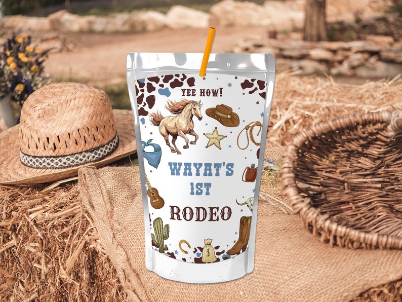 Editable Blue Rodeo Juice Pouch Label, Cowboy First Birthday Drink ...