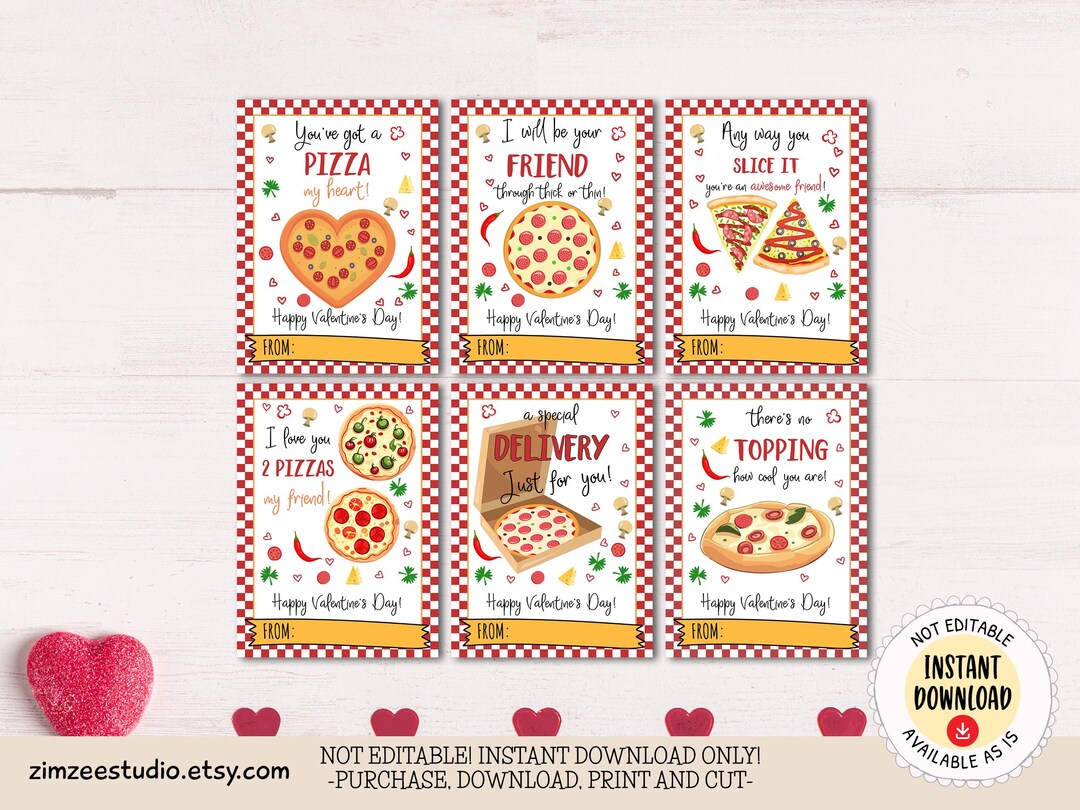 Pizza Valentine's Day Cards for Kids, Printable Classroom Valentines ...