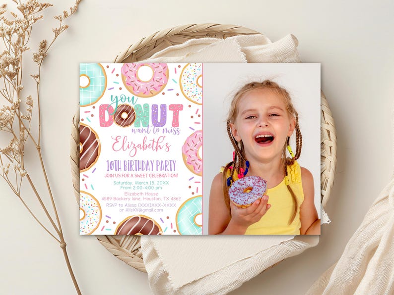 Editable Donut Birthday Photo Invitation for Girls, Sweet Sprinkle ...