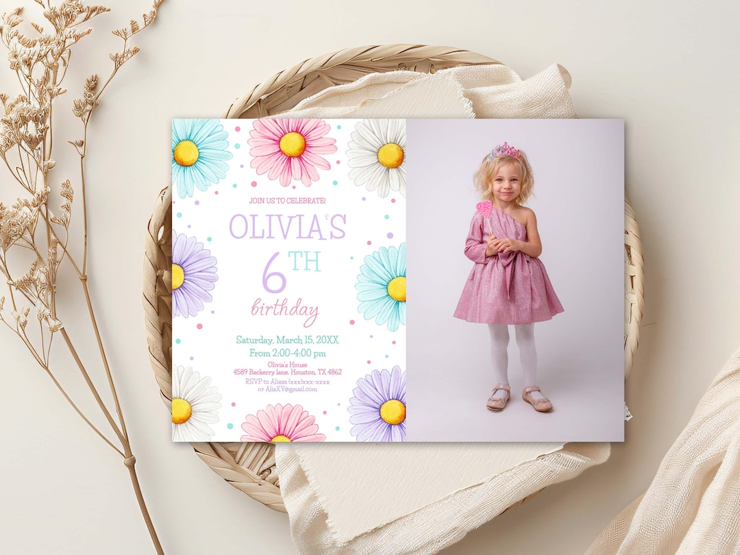 Editable Colorful Daisy Birthday Girl Photo Invitation, Printable Boho ...
