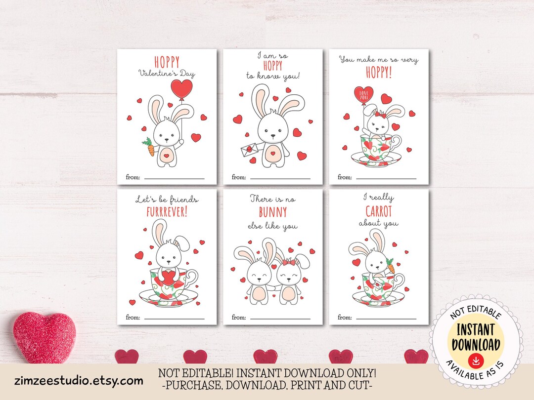 Bunny Valentine Cards Kids Classroom, Rabbit Printable Mini Cards ...