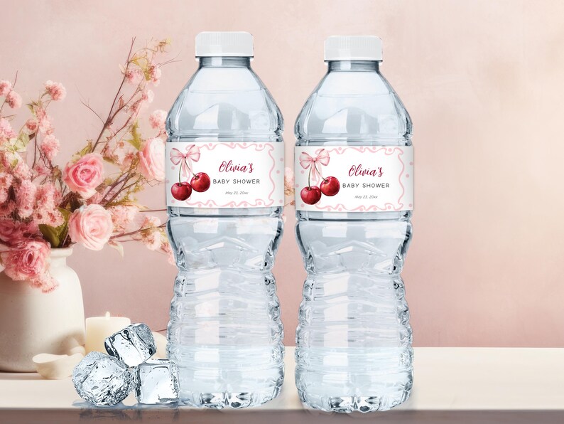 Editable Cherry on Top Baby Shower Water Bottle Label, Fruit Birthday ...