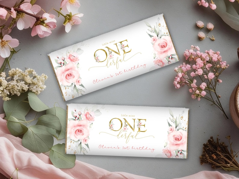Editable Onederful Candy Bar Label, Blush Pink Floral 1st Birthday ...