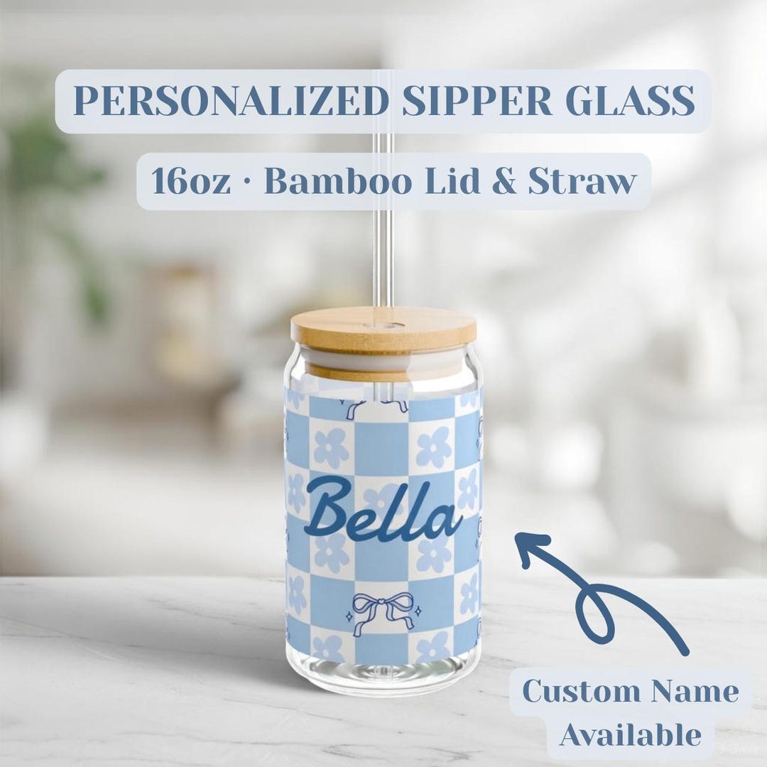 Personalized Sipper Glass With Name, Blue Checkered Floral Design ...