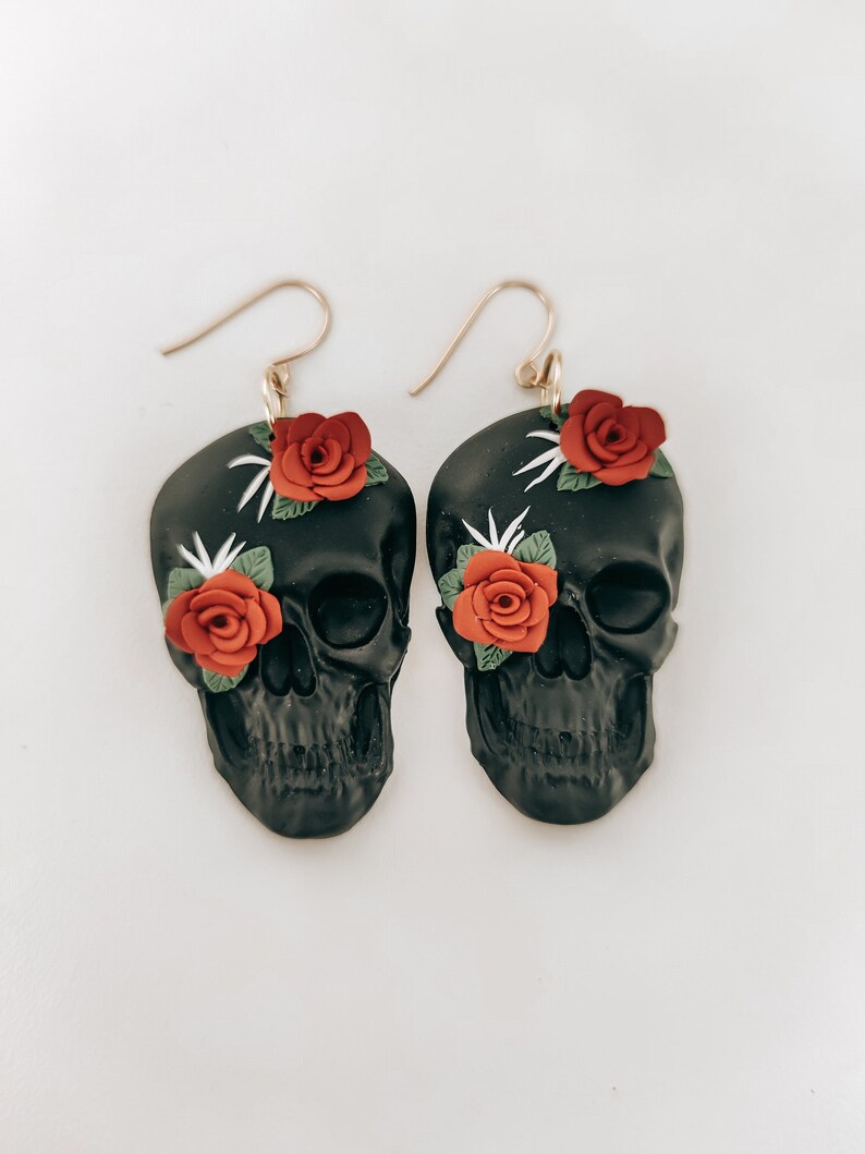 Handmade Polymer Clay Skull Earrings: Gothic Floral Halloween Jewelry ...