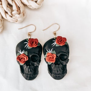 Handmade Polymer Clay Skull Earrings: Gothic Floral Halloween Jewelry ...