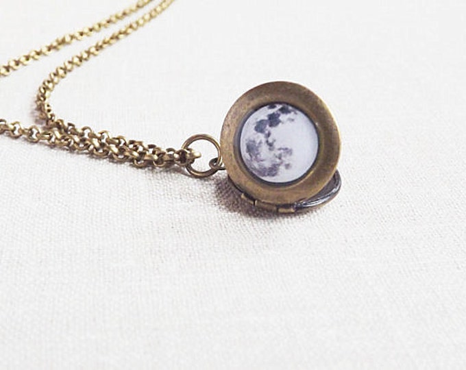 Full Moon Necklace Moon Locket Necklace Space Jewelry Tiny - Etsy