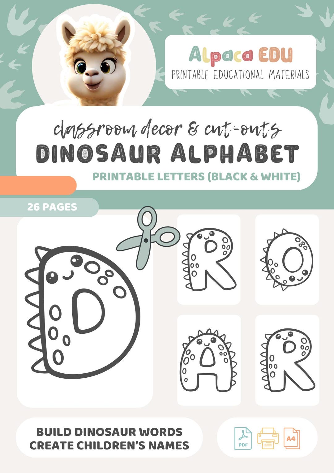 Dinosaur Alphabet Printable Letters Black and White for Classroom Decor ...