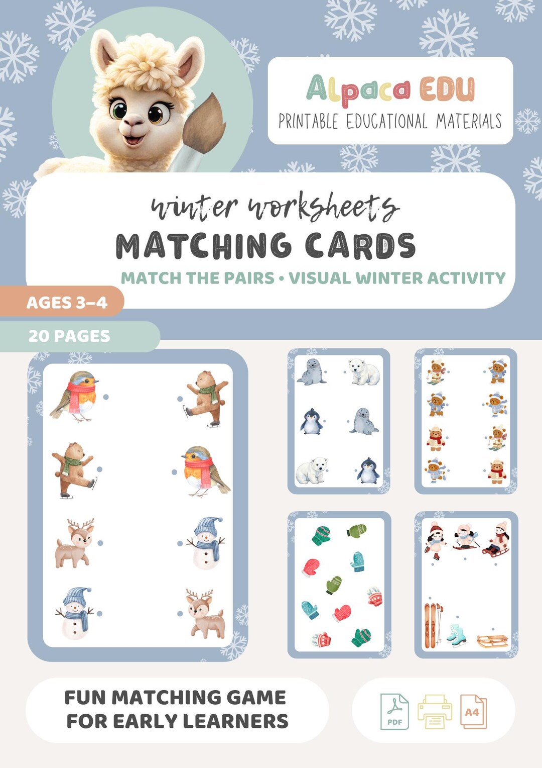 Winter Matching Cards Printable – Preschool Worksheets PDF (ages 3-4 ...