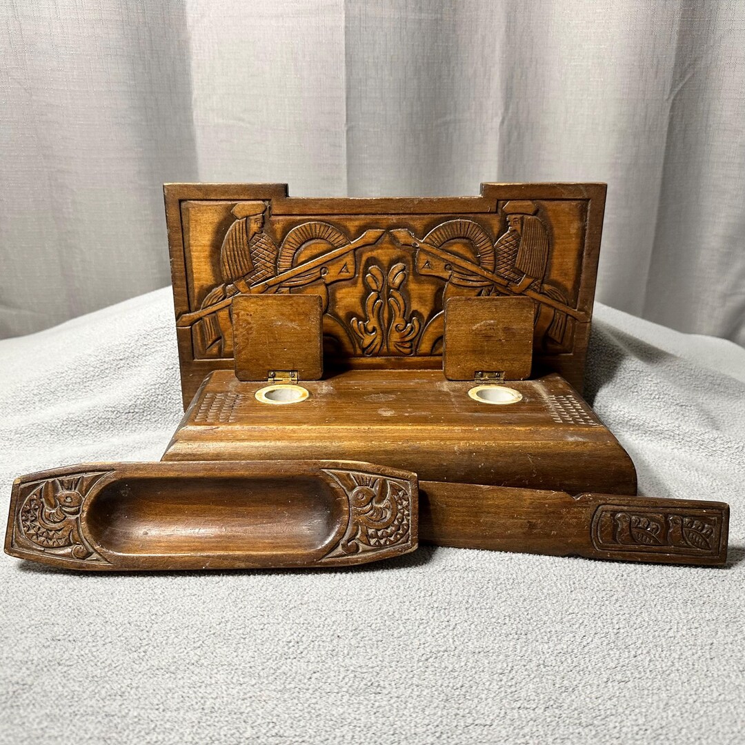 Antique Carved Wood Ink Well Pen Holder Stand Primitive W/pen Rest ...