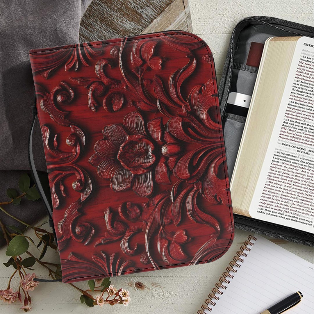 Red Wooden 3d Floral Leather Bible Cover Bag With Handle & Zipper ...
