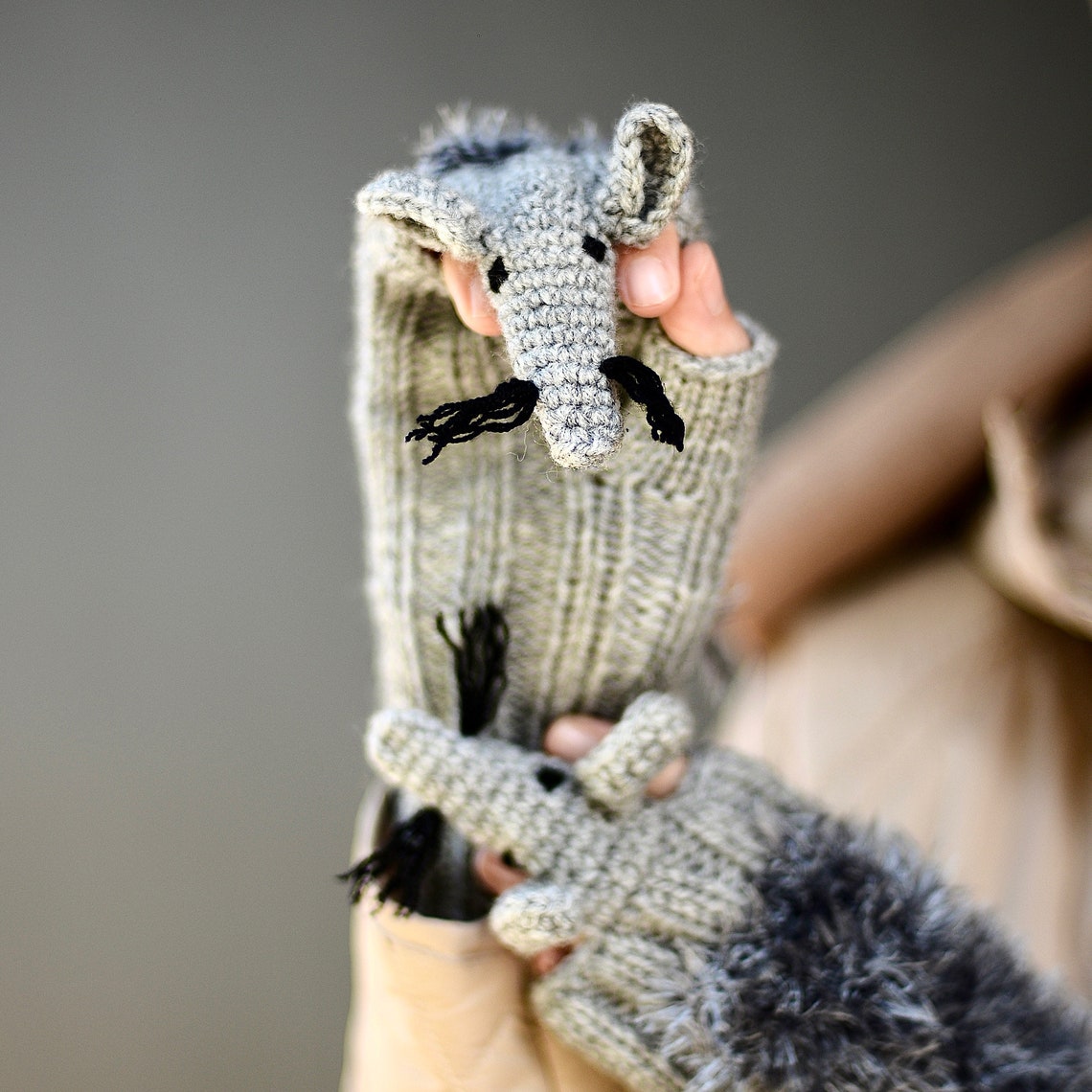 Wool Knitted Rat Gloves, Mice Furry Gloves, Fingerless Animal, Knitting ...